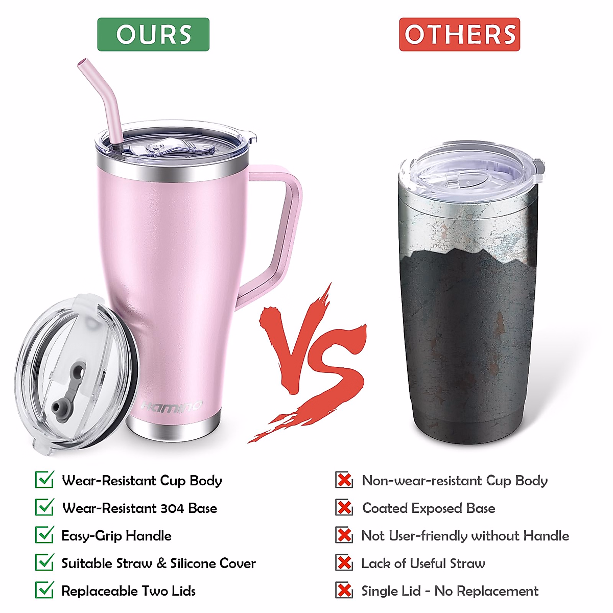 Hamino 30 oz Tumbler with Lid and Straw Handle, Double-Wall Vacuum Travel Coffee Mug with Handle, Stainless Steel Insulated Coffee Tumbler Mug Cup for Home Office Travel HOT COLD Drinks (Dream Pink)