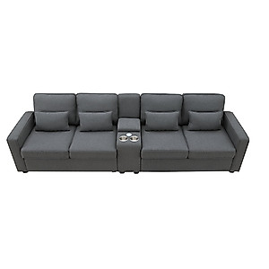 LUMISOL 4 Seater Upholstered Sofa for Living Room, Modern Multifunctional Sofa with Storageable Coffee Table and 2 Cupholders, Linen Fabric Couches with 2 USB Ports Wired or Wirelessly Charged