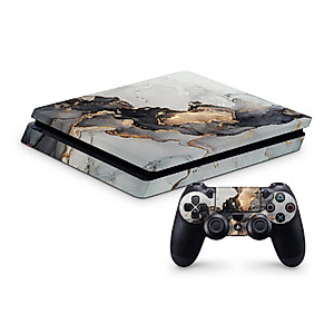 ZOOMHITSKINS Compatible with PS4 Slim Skin, Silver Grey Marble Gold Black Quartz, Durable & Fit, 3M Vinyl, Made in The USA