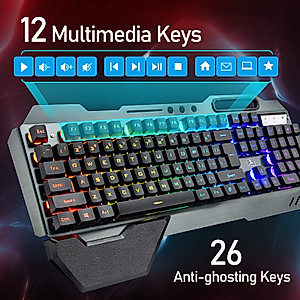 Wireless Gaming Keyboard Mouse and Wired Computer Speaker with Rainbow RGB Backlit Rechargeable Battery Metal Mechanical Ergonomic Waterproof Dustproof Removable Palm Rest for Laptop PC Gamer(Black)