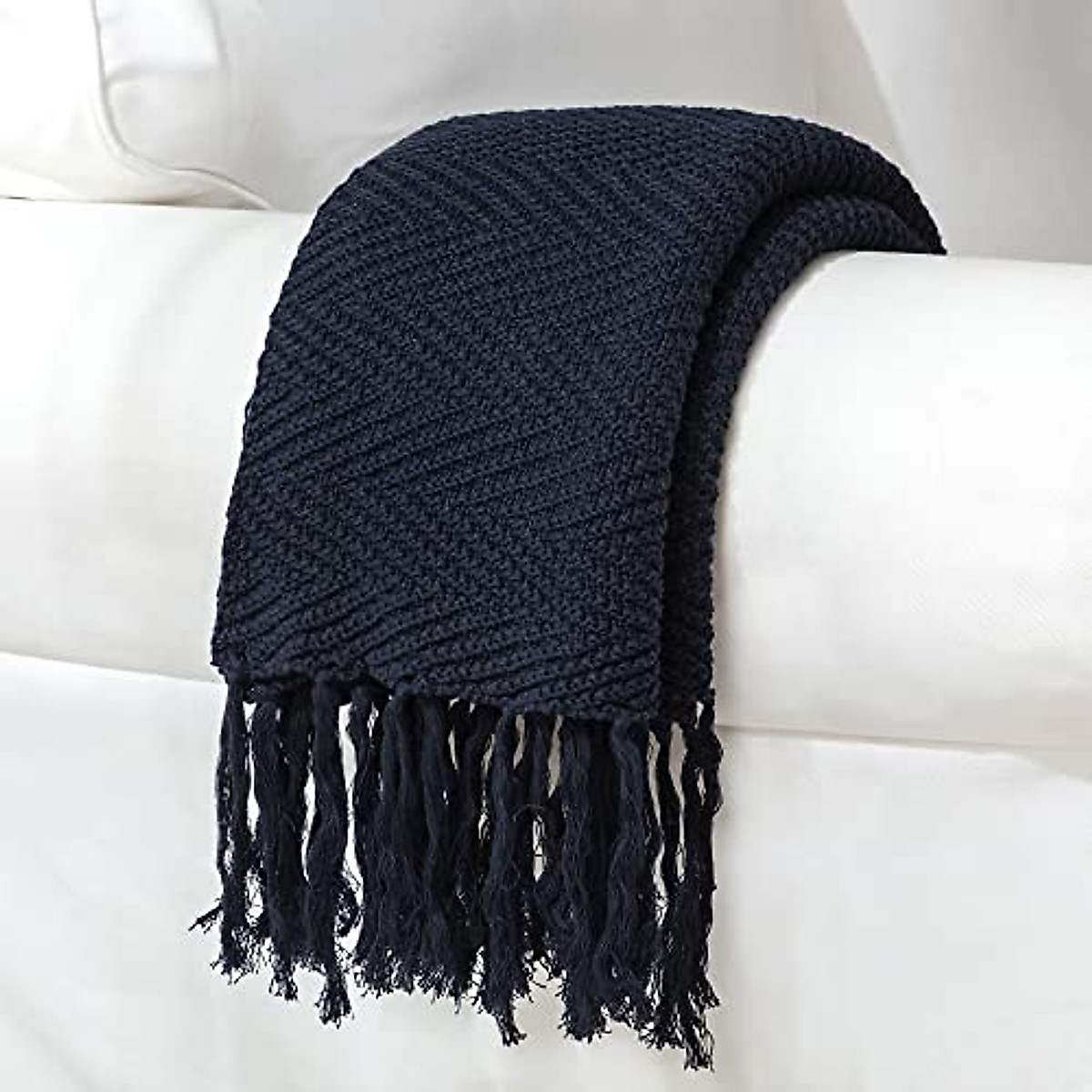 Longhui bedding Fringe Knit Cotton Throw Blanket, 50 x 60 Inch Decorative Knitted Cover with 6 Inches Tassels, Bonus Laundry Bag – 2.5lb Weight, Couch Blankets, Dark Navy Blue