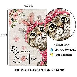 Happy Easter Cat Garden Flag for Outdoor,Cat with Bowknot Flowers Small Yard Flag,Seasonal Decors for Spring Farmhouse Holiday Outside 12x18 Double Sided