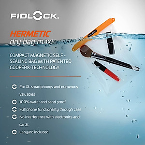 FIDLOCK Hermetic Dry Bag Maxi - Flexible Magnetic Self-Sealing Bag for Cellphone | 100% Waterproof and Sand Proof - Practical Size with a Large Opening, with Lanyard included - Orange Transparent