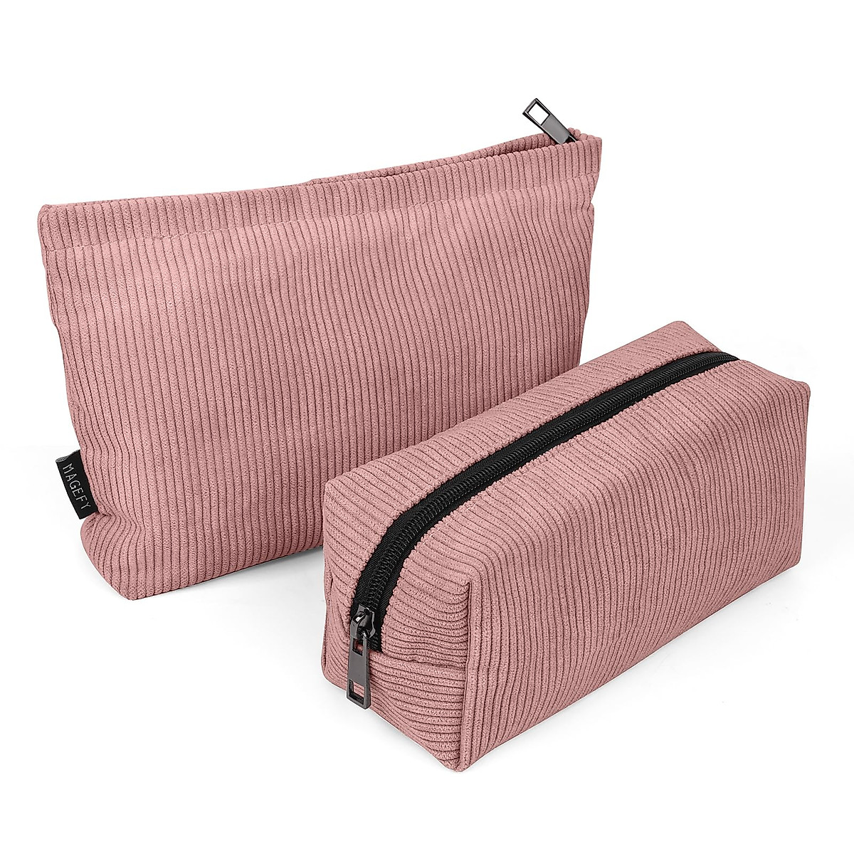 MAGEFY 2 Pcs Makeup Bags for Women, Corduroy Make up Bag for Purse Travel Makeup Bag Small Cosmetic Bags with Zipper Makeup Pouch for Travelling - Dusty Pink