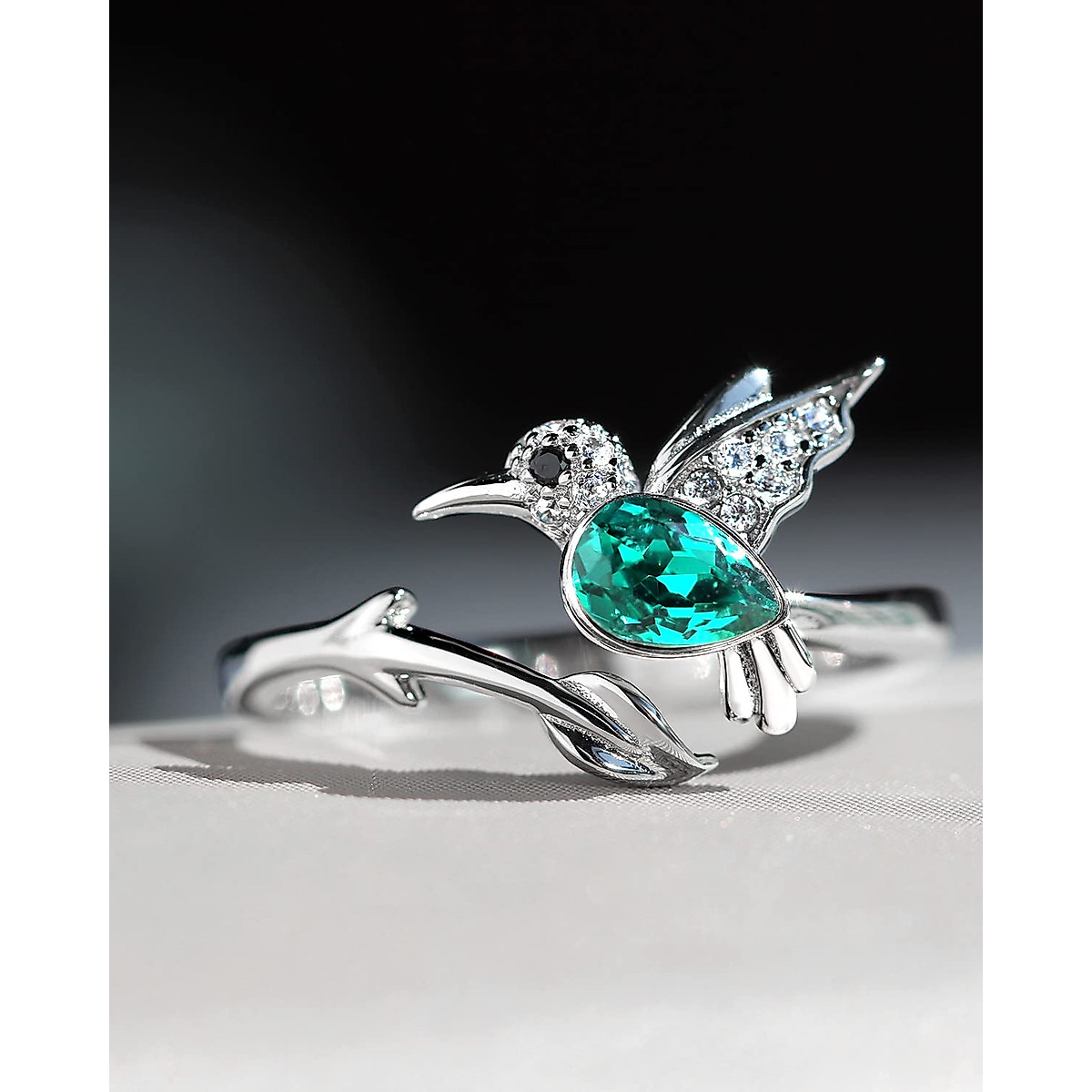 Jewever 925 Sterling Silver Hummingbird ring with Blue Cubic Zirconia for Women Jewelry Gift Silvery Adjustable 6-9#