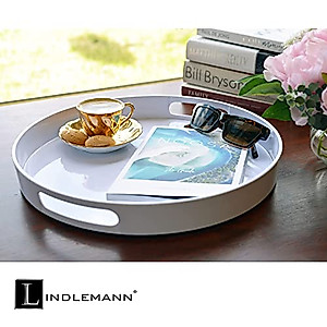 LINDLEMANN Serving Tray - Large Round Melamine White - Strong & Sturdy w/Built-in Handles for Easy Handling - Beautiful Gloss Finish, Elegant & Classy, Easter & Mothers' Day Gift (White,13.5 inches)