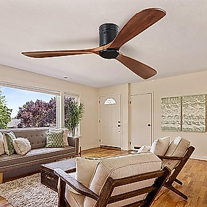 Mpayel 60" Ceiling Fan, Flush Mount Outdoor Ceiling Fan with 3 Walnut Wood Blades, Reversible and Timing, No Light for Indoor Bedroom, Outdoor Covered Patios, Backyard