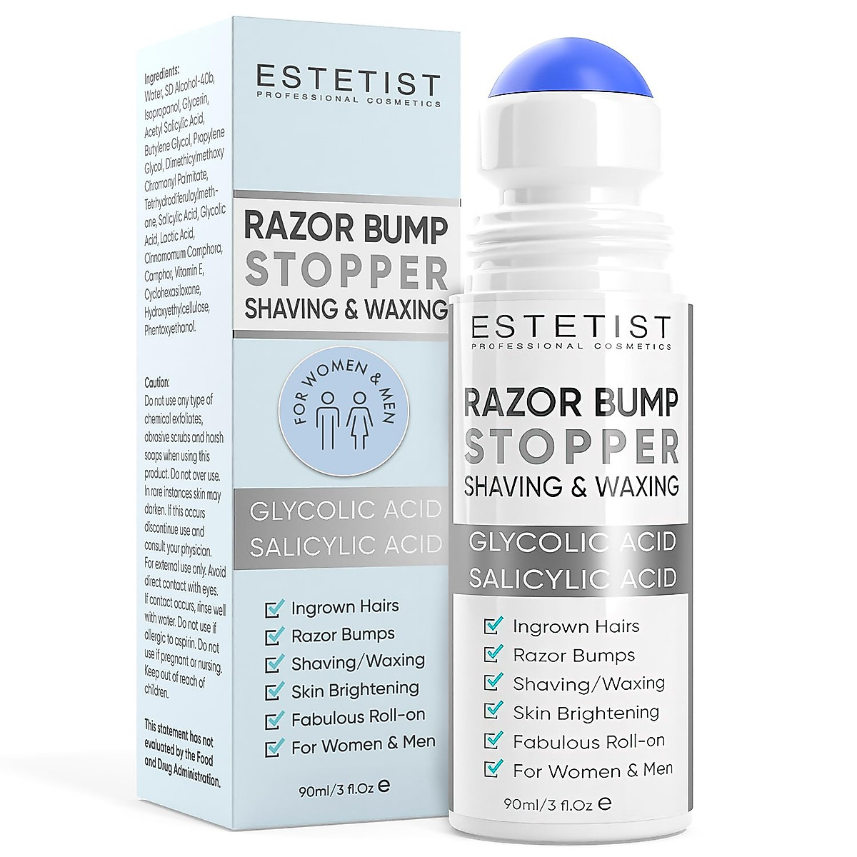 Razor Bump Stopper Solution for Ingrown Hair Skin Care Treatment for Face, Neck, Bikini Area, Legs and Underarm Area After Shave Serum Roll-On for Men and Women With Salicylic Acid, Glycolic Acid