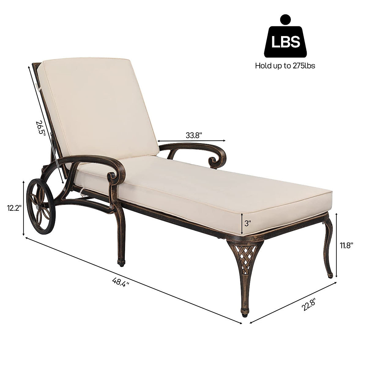 VINGLI Cast Aluminum Outdoor Chaise Lounge Chair with Wheels, Patio Chaise Lounge with 3-Position Adjustable Backrest, Outdoor Tanning Chair Patio Lounge Chair (Bronze, with Cushion)