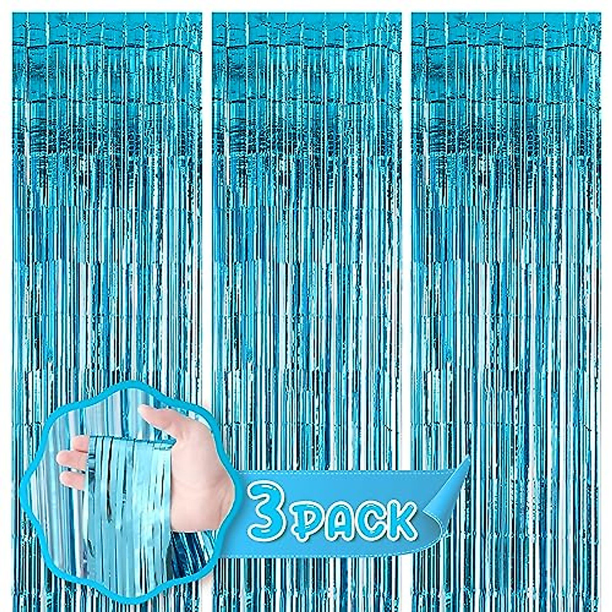 3 Pack Foil Fringe Backdrop Curtains - Light Blue Tinsel Streamers for Birthday Graduation Class Disco Bachelorette New Year Party Decorations