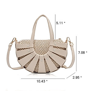 QTKJ Hand-woven Cute Women Summer Beach Semi-circle Rattan Straw Handbags, Splicing Shoulder Bag Cross body Straw Bag with Leather Shoulder Strap (Beige)