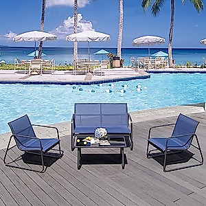 PAIQIAN 4 Pieces Patio Furniture Set Outdoor Patio Conversation Sets Poolside Lawn Chairs with Glass Coffee Table Porch Furniture for Courtyard, Garden and Balcony (Blue)