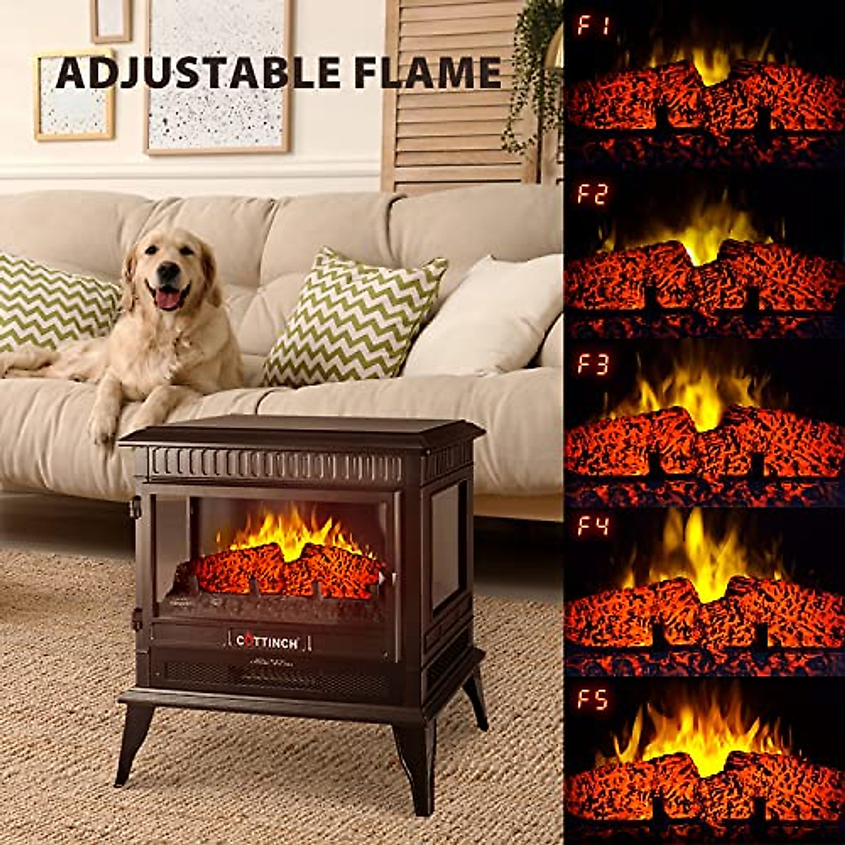 25 inch Electric Fireplace Heater Portable for Indoor, Living Room, Large Room, Logs with Lights, 3D Flame Effects, Adjustable Brightness, Timer, Remote Control,1400W Brown