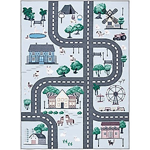 SAFAVIEH Kids Playhouse Collection Area Rug - 6'7" x 9', Blue & Dark Grey, Non-Shedding Machine Washable & Slip Resistant Ideal for High Traffic Areas for Boys & Girls in Playroom (KPH235M)