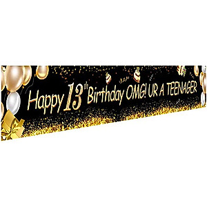 HOWAF Happy 13th Birthday Banner, Official Teenager Sign 13 Years Old Party Home Indoor Outdoor Decoration Teen Birthday Party Supplies Photo Prop Backdrop, 9X1.2 Feet