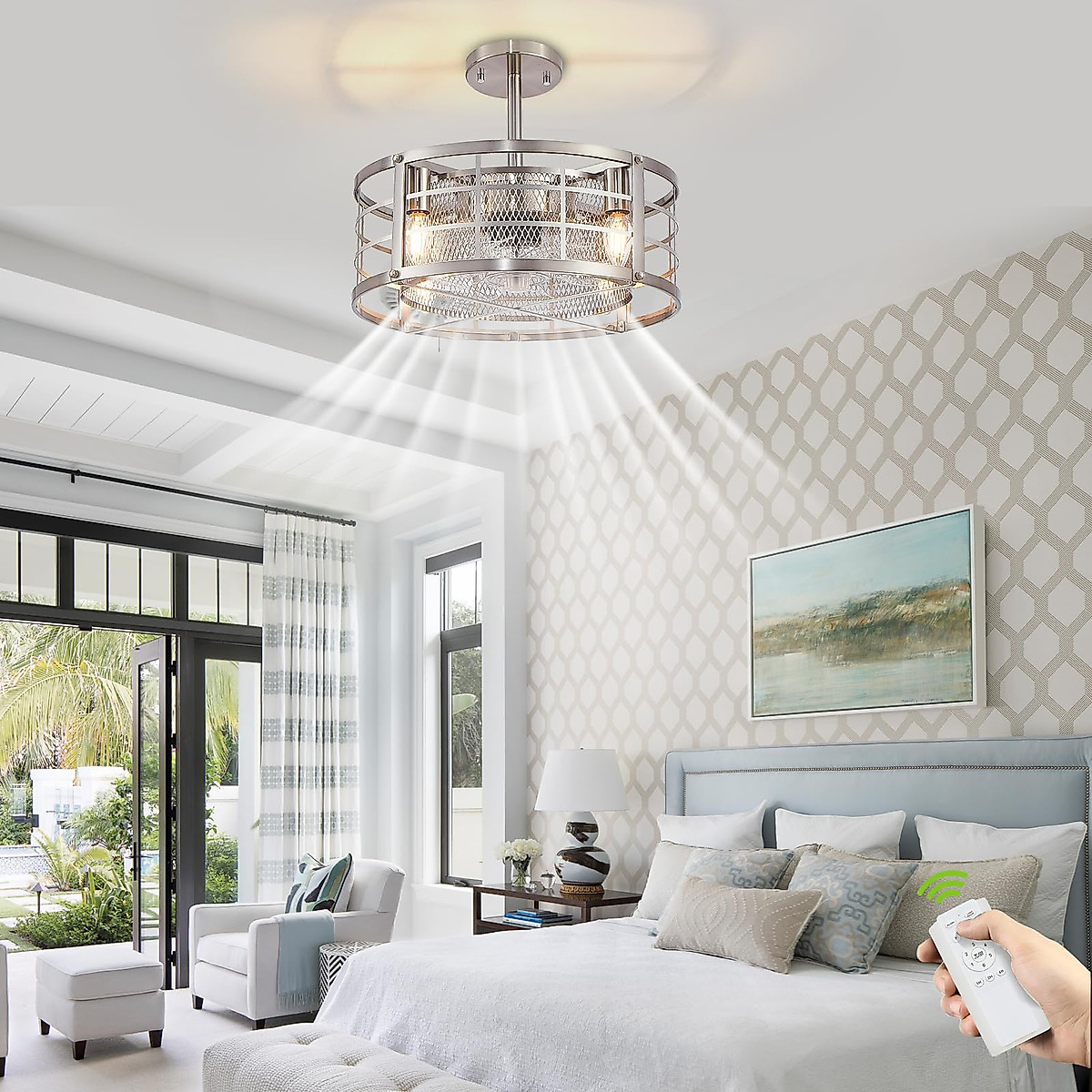 Doltoro Caged Ceiling Fans with Lights and Remote, Industrial Flush Mount Ceiling Fans Light, Small Enclosed Ceiling Fan for Bedroom Kitchen (Brushed Nickel)
