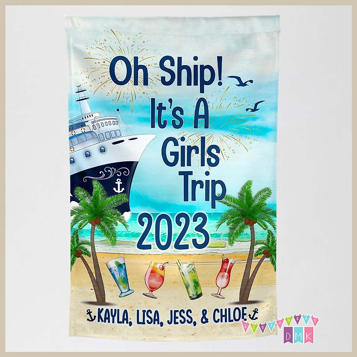 Oh Ship! It's A Girls Trip - Cocktails - Cruise Door Decoration - PERSONALIZED - Banner - Flag - Standard or Premium Fabric - CF007