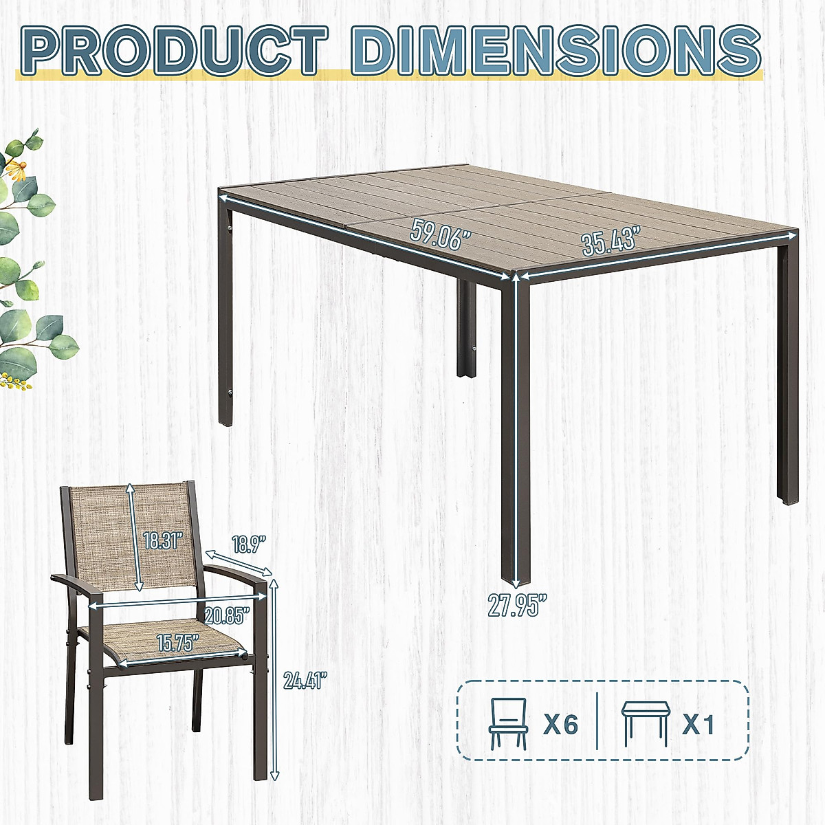 JUMMICO Outdoor Dining Set 7 Piece Patio Furniture Set with Weather Resistant Table and 6 Textilene Chairs for Yard, Deck and Poolside (Brown)
