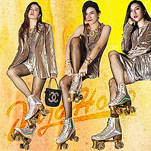 JajaHoho Roller Skates for Women, Holographic High Top PU Leather Rollerskates, Shiny Double-Row Four Wheels Quad Skates for Girls and Age 8-50 Indoor Outdoor (Size 5, Champagne Gold)