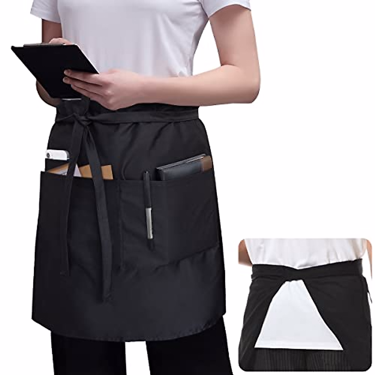 ROTANET Server Aprons Black Half Bistro Apron with 3 Pockets 22 Inch Waiter Waitress Long waist Apron for Men Women Waterpoof