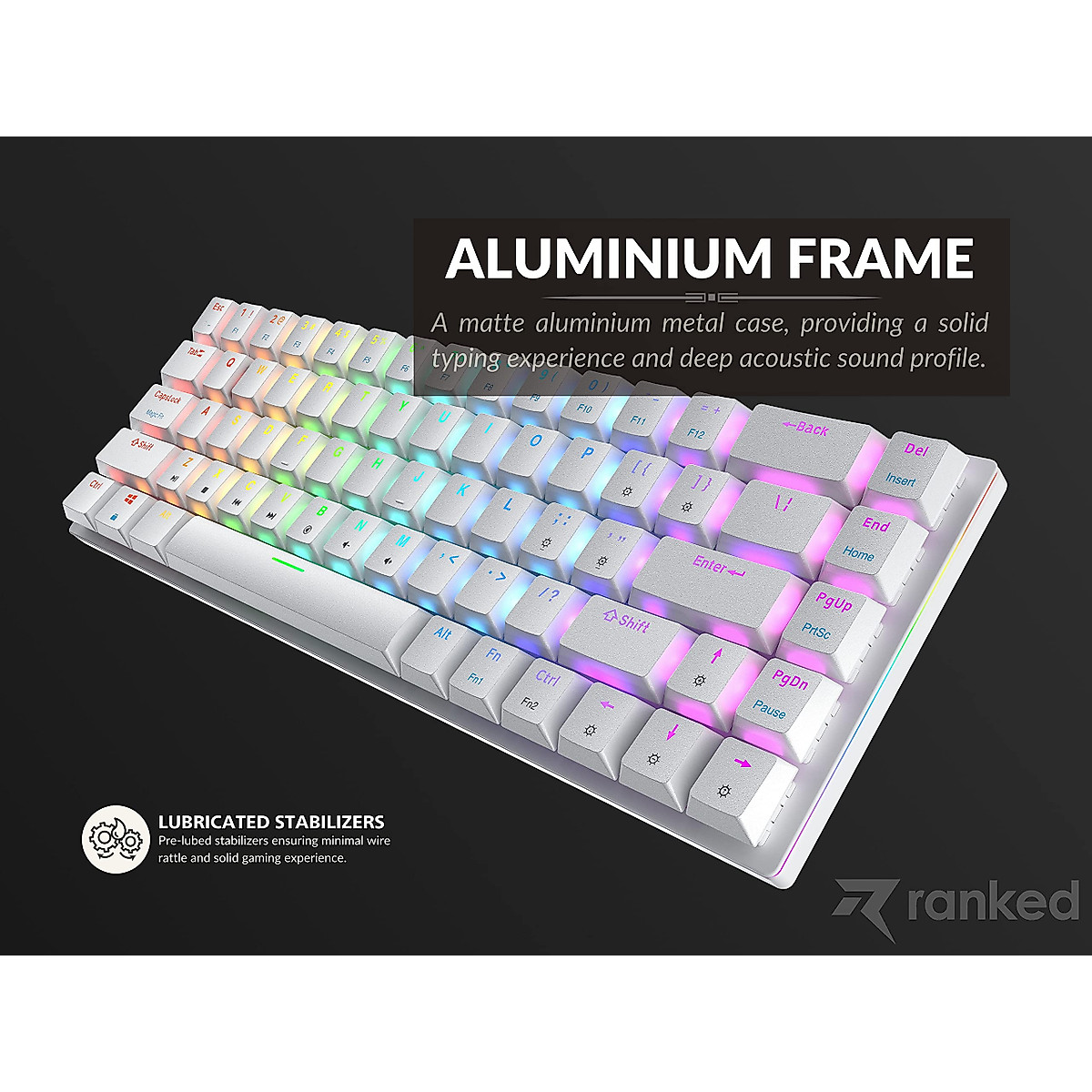 Ranked G65 Guardian 65% | Full Aluminum Frame | Ultra Slim Hot Swappable Mechanical Gaming Keyboard | 68 Keys Multi Color RGB LED Backlit for PC/Mac Gamer (White, Gateron Low Profile Blue)
