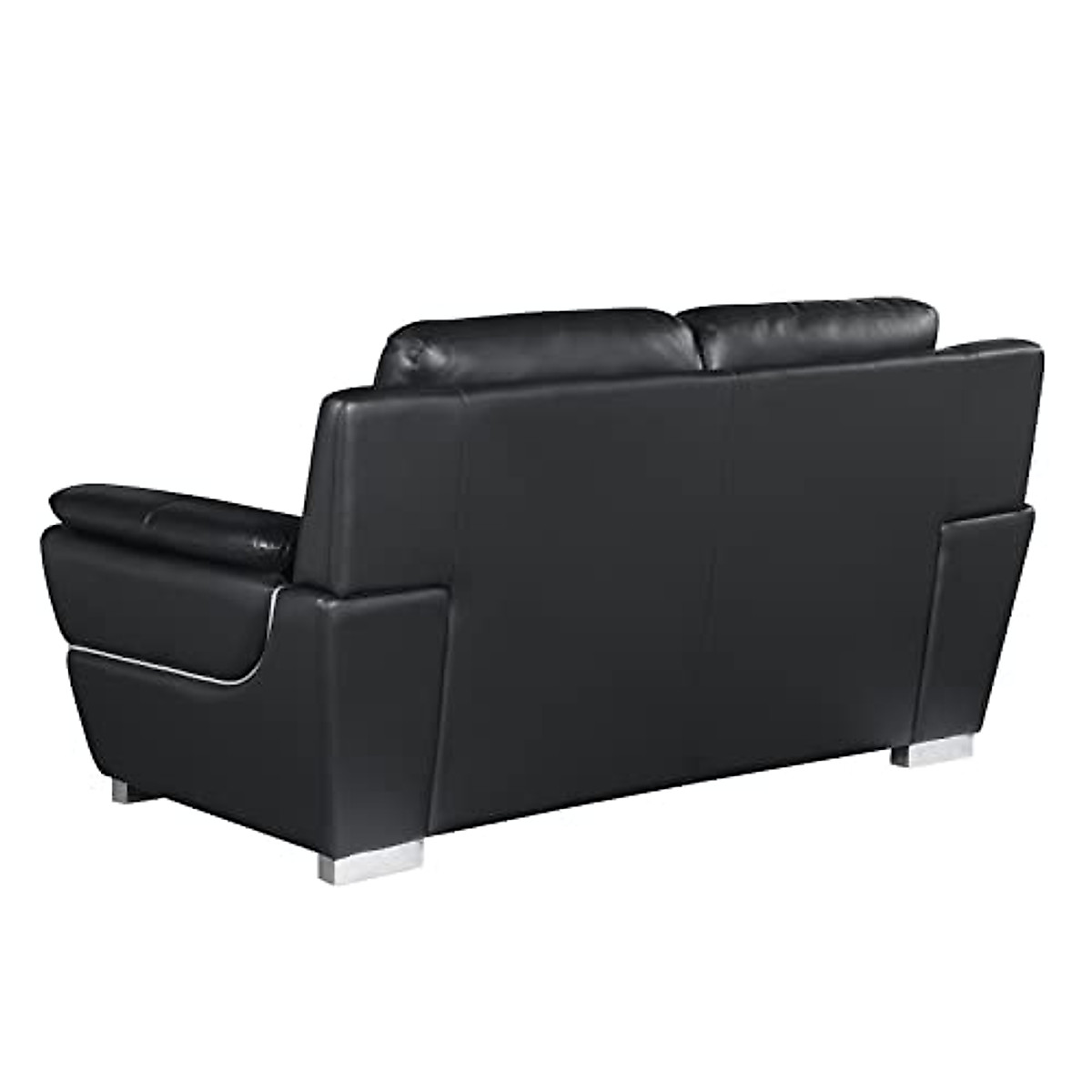 Blackjack Furniture Binion Modern Leather Loveseat for Living Room with Padded Headrests, Stainless Steel Legs & Accent Chrome Trim, Black