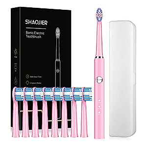 SHAOJIER Sonic Electric Toothbrush, Electronic Toothbrush for Adults with 8 Brush Heads,Rechargeable Electric Toothbrush with Travel case, 40 Day Endurance, 3 Modes and Timer, (Pink)
