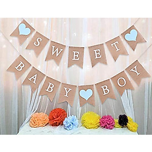 Sweet Baby Boy Burlap Banner - Sweet Baby Boy Shower Decorations, Rustic Baby Shower Decorations, Photo Decoration Props (Sweet Baby Boy Blue)