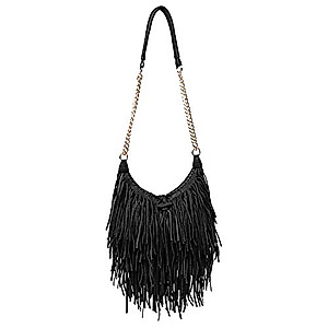 LUI SUI Women's Fashion Fringed Shoulder Bag Tassel Cross Body Bags (Black)