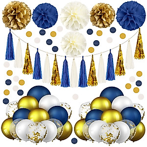 74 Pieces Navy Blue Gold Party Decoration for Graduation Includes Tissue Paper Pom Pom Flower Gold and Navy Balloon Circle Banner Tassel Garland Birthday Bridal Shower Wedding Party