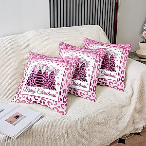 Pink Christmas Trees Throw Pillow Covers 24x24 Inch Set of 2 Leopard Print Glitter Stars Pillow Cases for Kids Teens Adults Winter Snowflake Decor Girly Cushion Covers for Bedroom Sofa RV