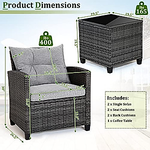 RELAX4LIFE Wicker Patio Furniture Sets - 3 Pieces Patio Rattan Sofa Set, Outdoor Conversation Set with Tempered Glass Tabletop, Heavy-Duty Steel Frame, Wicker Chair Set for Poolside, Backyard, Grey