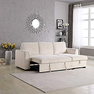 Legend Vansen 91''Velvet Sofa Chaise Storage Reversible L-Shape Sleeper Sectional,Sofabed,Seelper, Apt, Cream