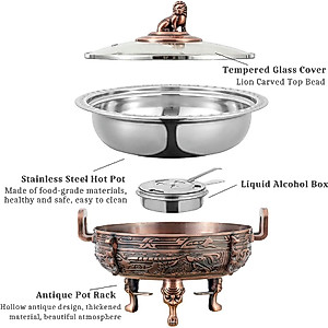 FLTRGO Red Bronze Chafing Dish, Round Buffet Server Trays with Glass Lids and Alcohol Furnace, for Kitchen Buffet Dining Party Wedding Banquet