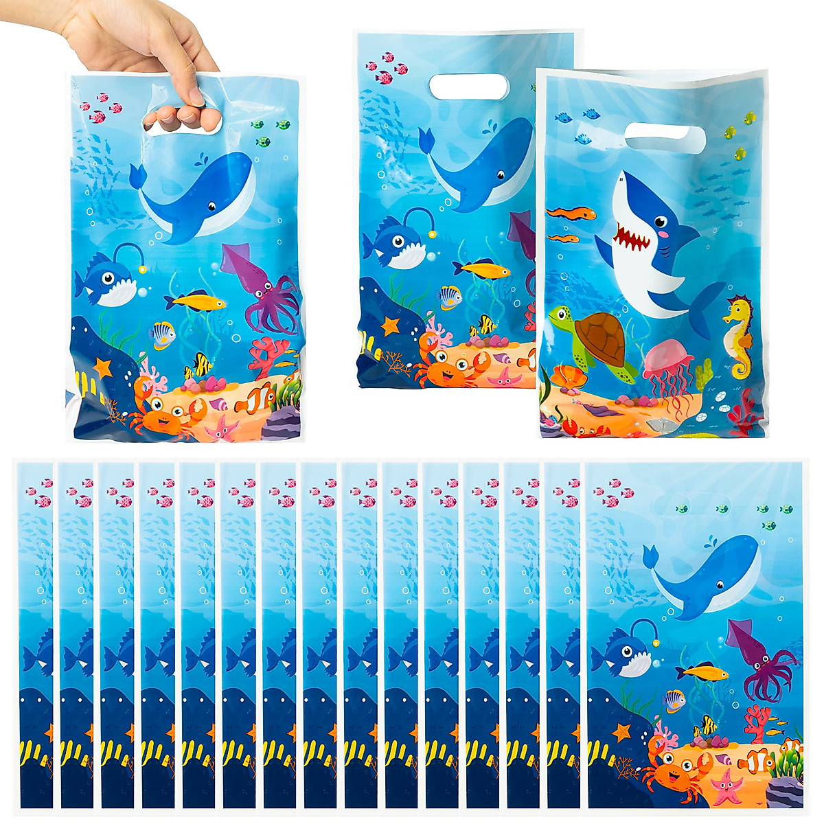 3sscha 50Pcs Animal in the Sea Party Favor Bag Marine Life Ocean Themed Plastic Waterproof Goodie Bag with Die Cut Handle Whale Shark Rectangular Gift Bags for Kids Birthday Baby Shower Decor Supplies