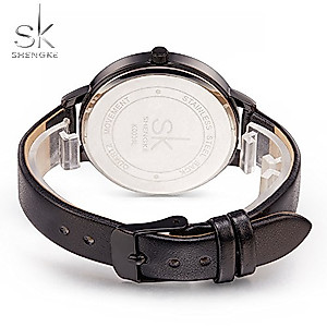 SHENGKE Simplicity Creative Women Watch Genuine Leather Elegant Women Watches Ladies Business Wristwatch (K0039-Black-Genuine Leather)