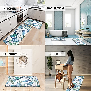 Tritard Coastal Beach Kitchen Rugs Mats Set of 2 Cushioned Anti Fatigue Kitchen Floor Mat 0.4 Inch Sea Turtles Non Slip Waterproof Kitchen Rug PVC Leather Comfort Mats for Kitchen, Blue, 17x28+17x47