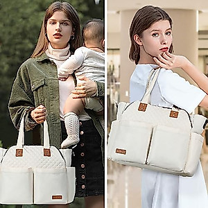 Lekebaby Diaper Bag Tote Large Mommy Bag for Hospital, Baby Bags for Mom Travel Diaper Tote Messenger Purse, Quilted White