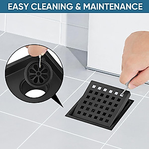 TICONN 4.33'' Square Floor Shower Drain, Lattice Square Perforated Pattern Easy Cleaning Removable Grate, Rustproof SUS 304 Stainless Steel (Matte Black, 4.33'')