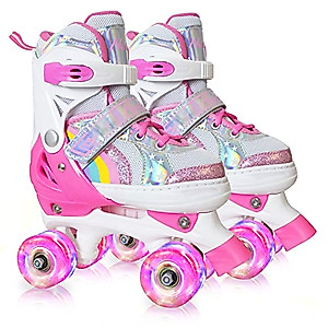 Toddler Roller Skates for Little Kids Toddler Ages 3-5 3 4 5, 4 Size Adjustable Girls Rainbow Unicorn Quad Skates with All Light Up Wheels - Best Birthday Gift for Outdoor Sports
