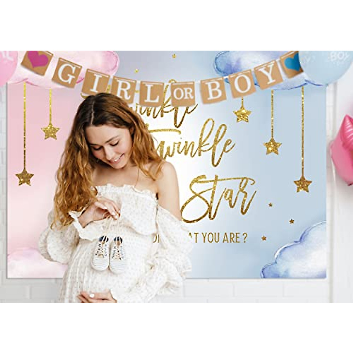 Lofaris Twinkle Twinkle Little Star Gender Reveal Backdrop Boy or Girl Pink or Blue How We Wonder What You are Golden Star Party Decoration Photography Background Cake Table Banner Wallpaper 7x5ft