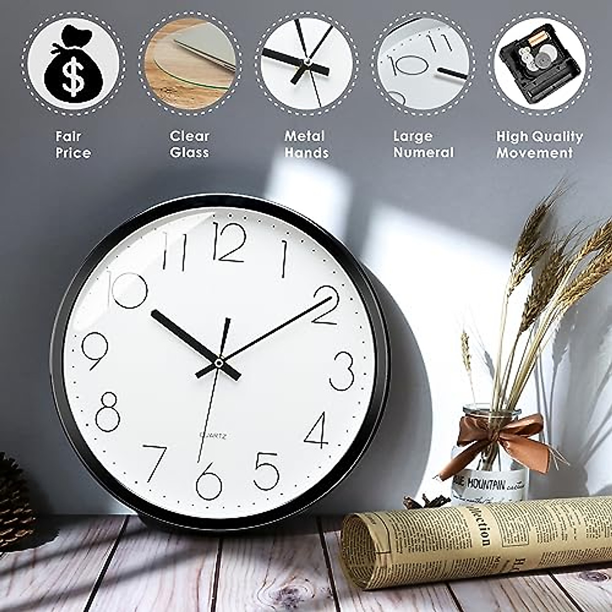 Plumeet Black Wall Clock Non Ticking Silent Quartz Round Clock Decorate Bedroom Home Kitchen Office - Battery Operated (White)