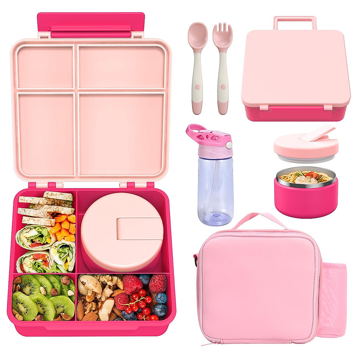 Kids Bento Lunch Box with 8oz Soup Thermo, Water Bottle, Kids Leakproof Lunch Food Containers with 4 Compartment, Kids Insulated Hot Food Jar with Lunch Bag for School, Trvael (Pink)