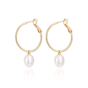 PEARLADA Gold Huggie Hoop Earrings with Charms Fashion Pearl Drop Dangle Earrings for Women Handmade Karma Circle Jewelry for Ladies Lightweight Pearl Earrings on Christmas