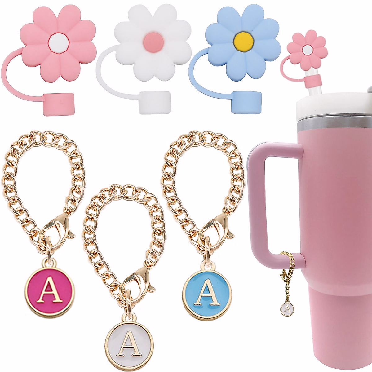 Tovly 6PCS Straw Cover Cap Stanley Cup Accessories Initial Personalized Letter Charms Reusable 10mm Flower Silicone Straw Tips Lids Protectors Stanley 30&40 Oz Tumblers (3PCS Letter A+3PCS Flower)