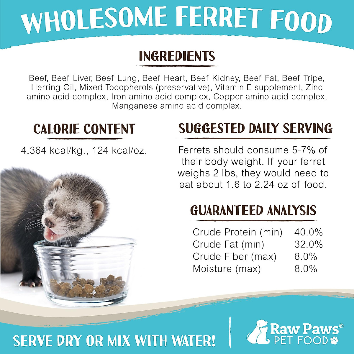 Raw Paws Freeze Dried Raw Ferret Food, Beef 16-oz - Made in USA - Premium, Grain Free Ferret Diet for Small, Adult, Senior & Baby Ferrets - Also use as Natural Ferret Treats for Rewarding & Training