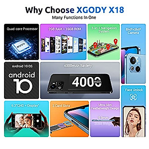 Xgody X18 4G Unlocked Phones, 6.3 Inch IPS Screen Smartphones, Android 10 OS Dual SIM Cheap Cell Phone, Quad Core 2GB+16GB, Dual 5MP+8MP Camera, 4000mAh Battery, Face ID Smart Phone (Black)