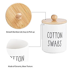 Mkono 4 Pack Qtip Holder Dispenser with Bamboo Lids, Ceramic Apothecary Jars for Bathroom Storage Canister, Vanity Makeup Organizer, Bathroom Accessories Set for Cotton Balls, Swabs, Pads, Floss