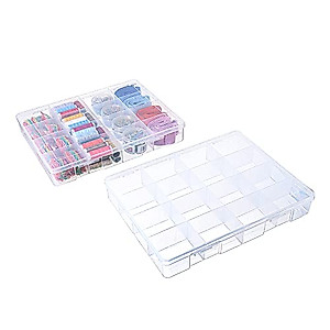 BangQiao 2 Pack Fixed 16 Grids Clear Plastic Large Compartment Container Case, Transparent Organizer Storage Divider Box with Lid for Bead, Button, Hardware, Screw, Sewing Kit, Craft Supplies