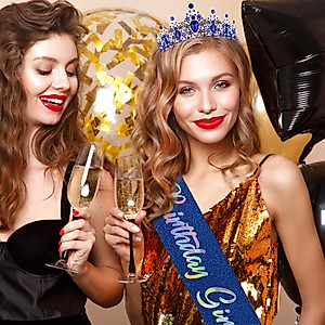 SuPoo Birthday Crowns for Women Birthday Sash and Crown Kit Blue Birthday Tiara Rhinestones Crown with Comb Glitter Birthday Girls Sash Crystal Headband Happy Birthday Decorations Hair Accessory